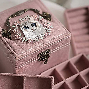 lemonadeus Retro 3-Layer Velvet Jewelry Organizer Jewelry Box for Women Girls Kids Small Jewelry Box Travel Portable Jewelry Holder Earrings Necklaces Bracelets Rings Organizer (floral cat pink)