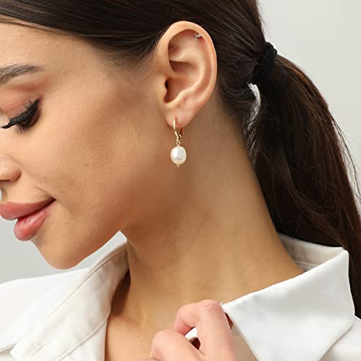 Huggie Hoop Earrings with Charms Pearl Dangle Earrings 13 mm