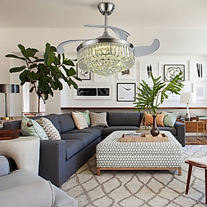 RuiWing 42'' Modern Fandelier Crystal Ceiling Fan with LED Light and Remote Control 3 Light Changes 3 Speeds Noise-Free Chandelier Ceiling Fan for Bedroom Indoor Living Room