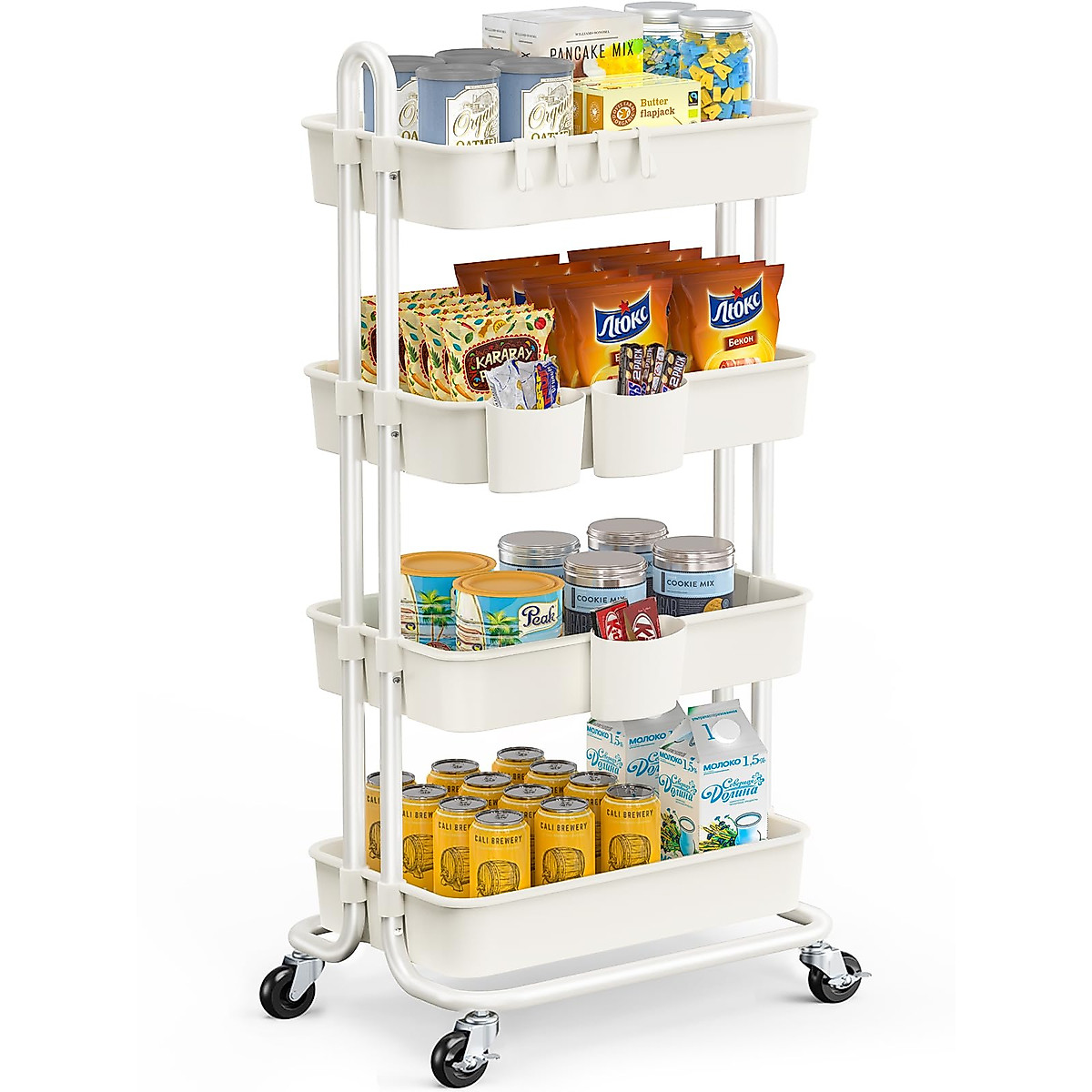 Pipishell 4-Tier Rolling Cart, Utility Cart with Lockable Casters, PP Plastic Storage Baskets, Hanging Cups & Hooks, Rolling Cart for Living Room, Bedroom, Kitchen, Bathroom, Art Studio(White)