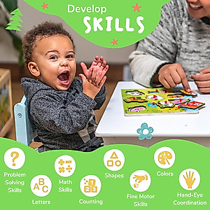 TOYVENTIVE Wooden Peg Puzzles for Toddlers – 6 Pack with Wire Puzzle Holder Rack for Kids, Learning Preschool Wood Knob Puzzle Toys for Boys and Girls - Alphabet Number Animal Vehicle Shape Fruit