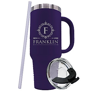 Custom Monogrammed 40 oz Tumbler with Handle, Lid and Straw - Personalized Insulated Stainless Steel Large Cup (Purple)