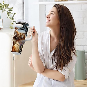 RPLIFE Easter Cute Highland Bunny Ears 40 Oz Tumbler with Handle, Stainless Steel Water Bottle with Straw, Coffee Tumbler