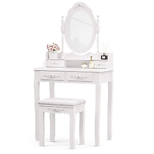 Mecor Vanity Table Set ,Makeup Table with Oval Mirror & Stool, Bedroom Wood Dressing Table with 4 Drawers White