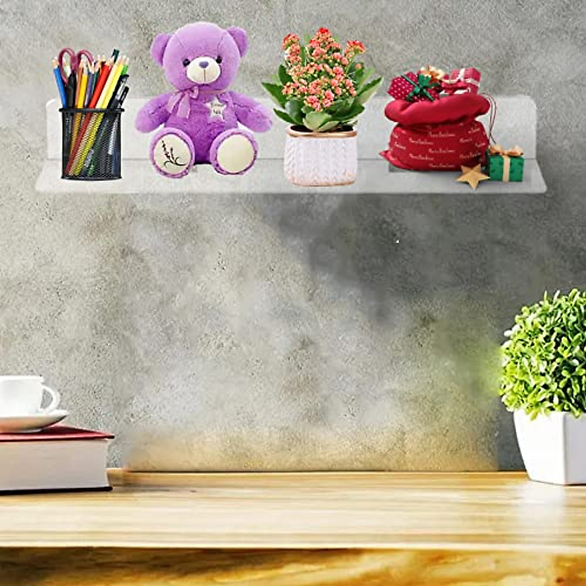 Acrylic Floating Wall Shelves Set of 2，Clear Mounted Display Organizer Shelf，Adhesive Shelf for Figures Collection Plant Photo，Small Hanging in Bedroom Living Room Kitchen Office, 8.6x3.9x2.3in