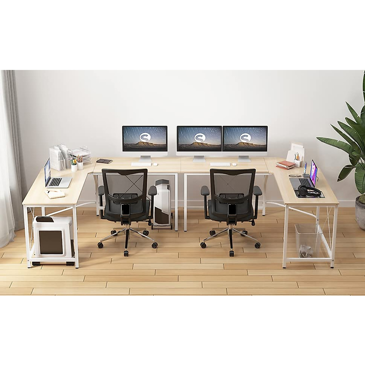 soges L-Shaped Desk 59 x 59 inches Large Computer Desk Corner Desk Office Desk Computer Table, White Oak CS-ZJ02-MO