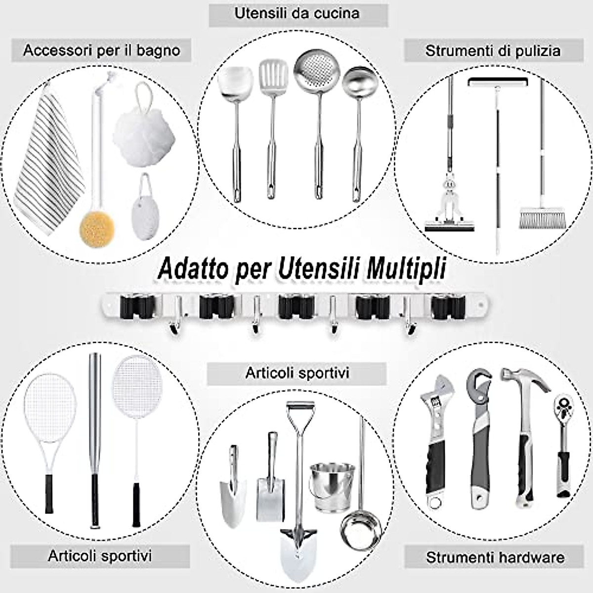 3 Racks and 4 Hooks Broom and Mop Holder Wall Mounted Garage Organizer Storage Tool Racks Stainless Steel Heavy Duty Hooks Self Adhesive Solid Non-slip Wall Hangers for Home Kitchen Garden Laundry
