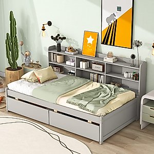 Twin Size Captain Bed with 2 Storage Drawers Wood Day Beds with Side Bookcase, Twin Bed Frame for Kids, Boys, Girls & Teens, No Box Spring Needed, Grey