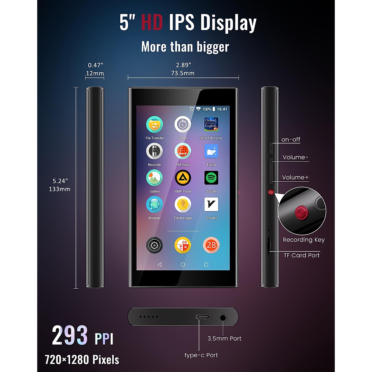 Pecsu MP3 Player with Bluetooth and WiFi 5 inch MP3 Player for Kids with Parental Controls,Supports APP Store,Fm Radio,Browser,Spotify Music Player,YouTube,Voice Recorder Supports up to 1TB(G5)