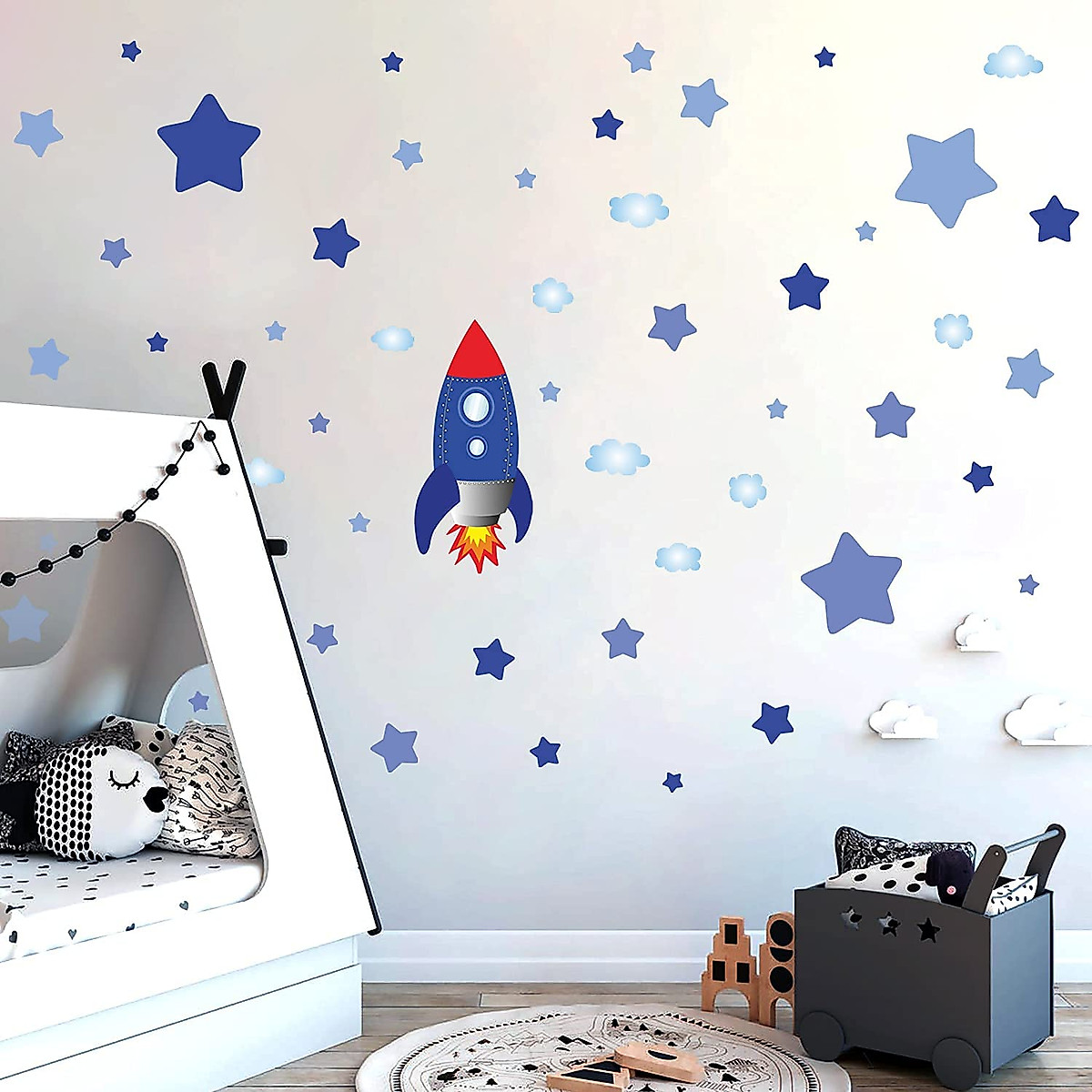 Large Rocket and Star Wall Decals, Outer Space Wall Stickers, Peel and Stick Removable Star Sticker, Art Decor for Kids Boys Bedroom Nursery Living Room,Playroom Classroom Decoration