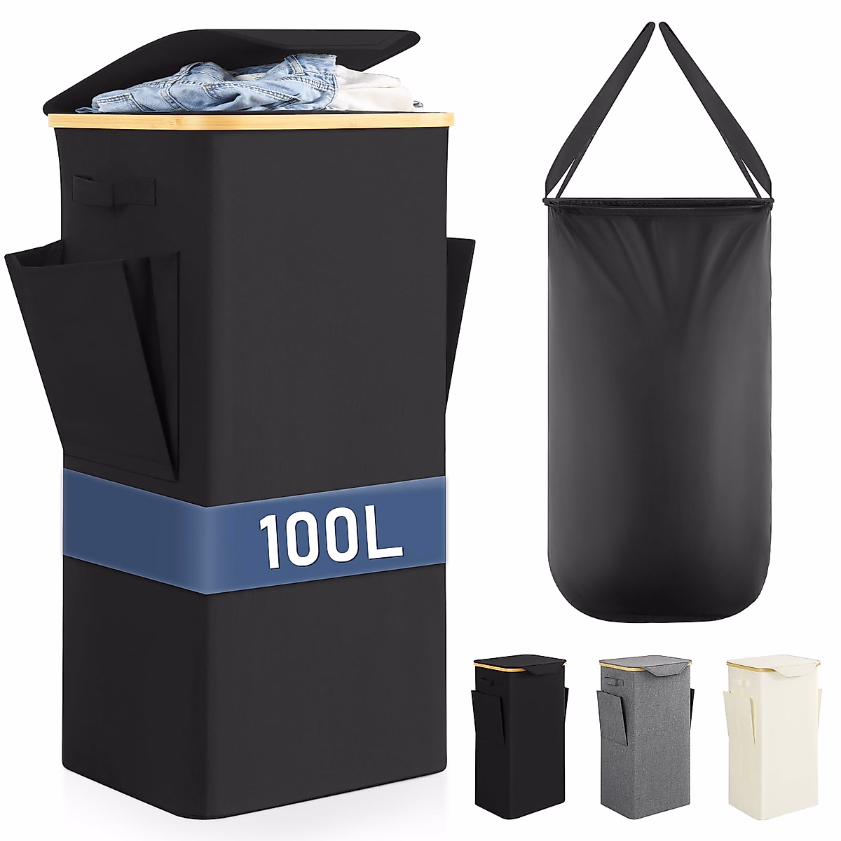 LOCHAS Laundry Hamper with Lid, 100L Clothes Hamper with 2 Pockets and Removable Bag, Black Large Laundry Basket with Handles, Tall Dirty Clothes Hamper for Bathroom, Bedroom, Dorm, Laundry Room