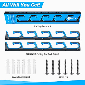 PLUSINNO H5 Horizontal Fishing Rod/Pole Holders for Garage, Wall or Ceiling Mounted Fishing Rod Rack, Aviation Aluminum Fishing Pole Holder Holds up to 5 Rod or Combos or Nets Storage Racks