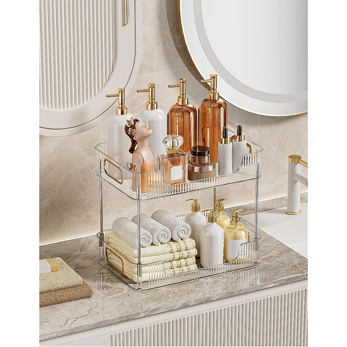 KSDSOAM 2 Tiers Bathroom Countertop Organizer, Cosmetics Skincare Organizer Holder for Perfume, Bathroom Organizers and Storage for Dresser Vanity Tray Sink (Clear)
