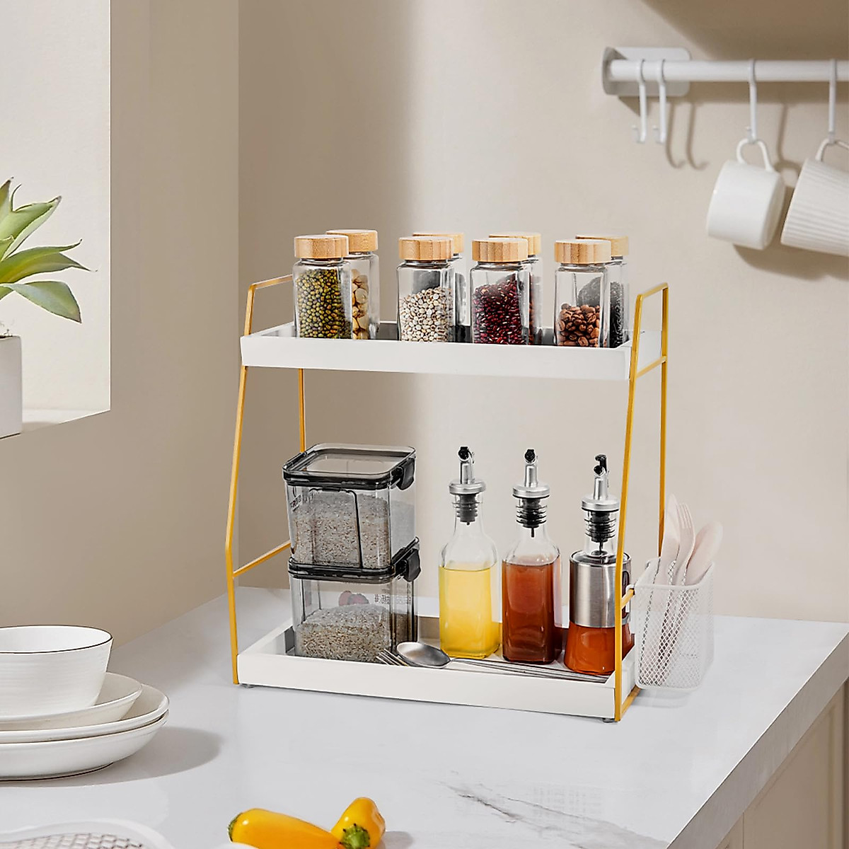 BYT Bathroom Organizer Countertop, 2-Tier Bathroom Organizer Tray for Counter with Basket, Vanity Organizer and Storage for Makeup Bedroom, Wood Spice Rack Organizer for Kitchen (Golden+White)