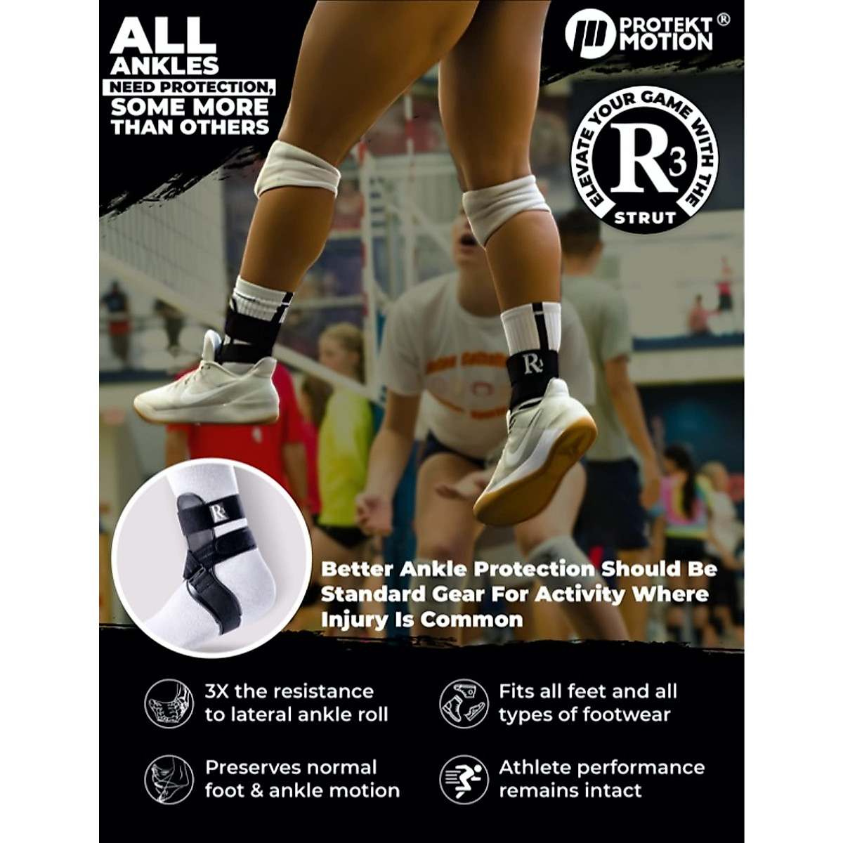 Protekt Motion - R3 STRUT High Performance Sports Ankle Brace; 3X The Ankle Roll Resistance of Old-style Lace-up & Stirrup Braces (Left, Medium)