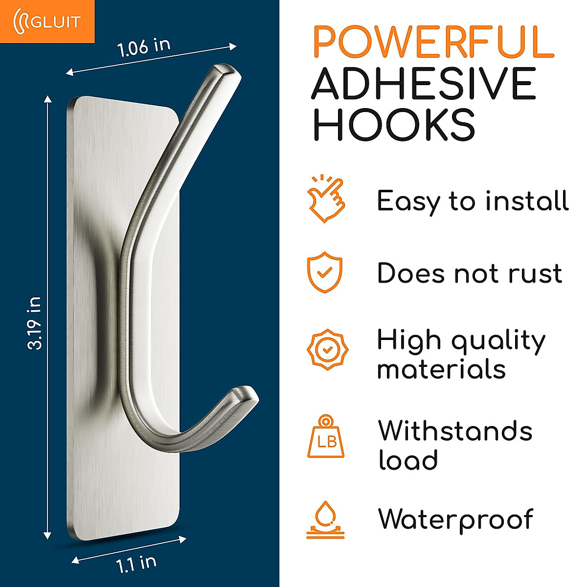 GLUIT Adhesive Towel Hooks for Bathroom Wall Hooks for Hanging Heavy Duty for Door Coat Rack Sticky Hanger Holder Durable Stainless Steel (Silver, 4 Pack)