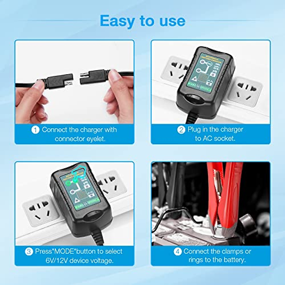 EBL 6V 12V Battery Charger 1.5A Car Charger - Portable Automotive Car Battery Charger Trickle Charger Battery Maintainer with Temperature Compensation for Cars, Motorcycles, Boats, ATVs, RVs