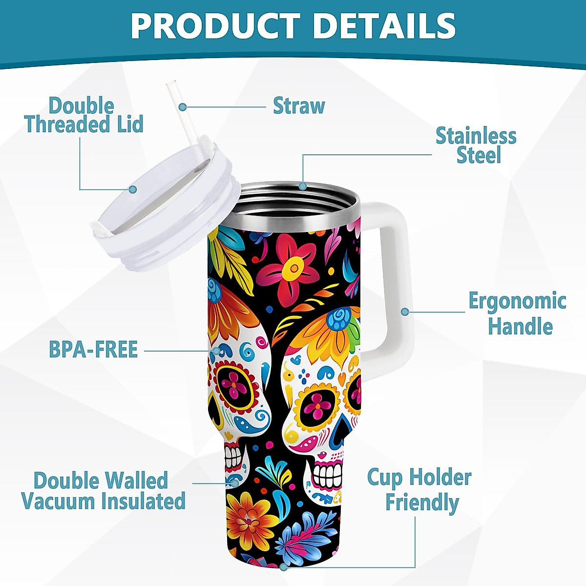 ALAZA Sugar Skull Day Of Dead 40 oz Tumbler Stainless Steel Water Bottle Vacuum Insulated Cup with Straw Lid & Handle For Travel Car Cup Holder