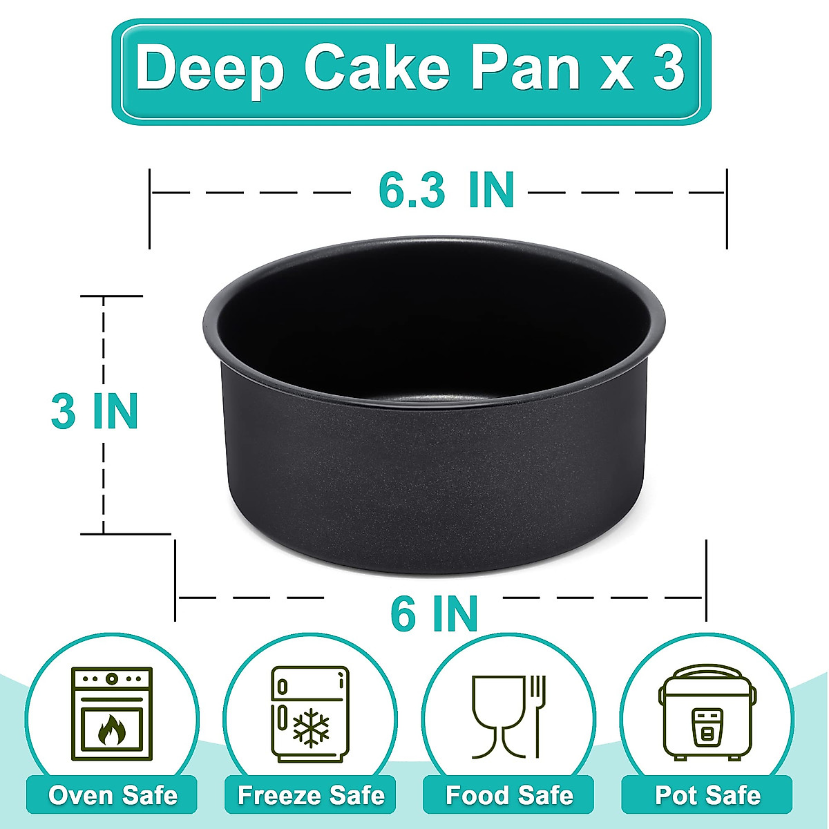 E-far 6 x 3 Inch Cake Pan Set of 3, Deep Stainless Steel Small Round Cake Pans Tin for Baking Birthday Wedding Layer Cakes, Stainless Steel Core & Non-toxic Nonstick Coating, Deep & Straight Side