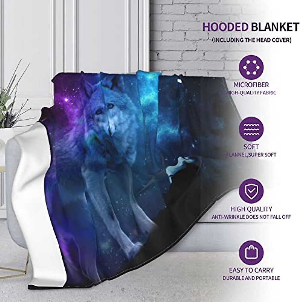 Galaxy Wolf Hooded Blanket Anti-Pilling Flannel Wearable Blanket Hoodie-Plush Warm Blanket Throw Blankets Fit for Kids, Adults, Teens