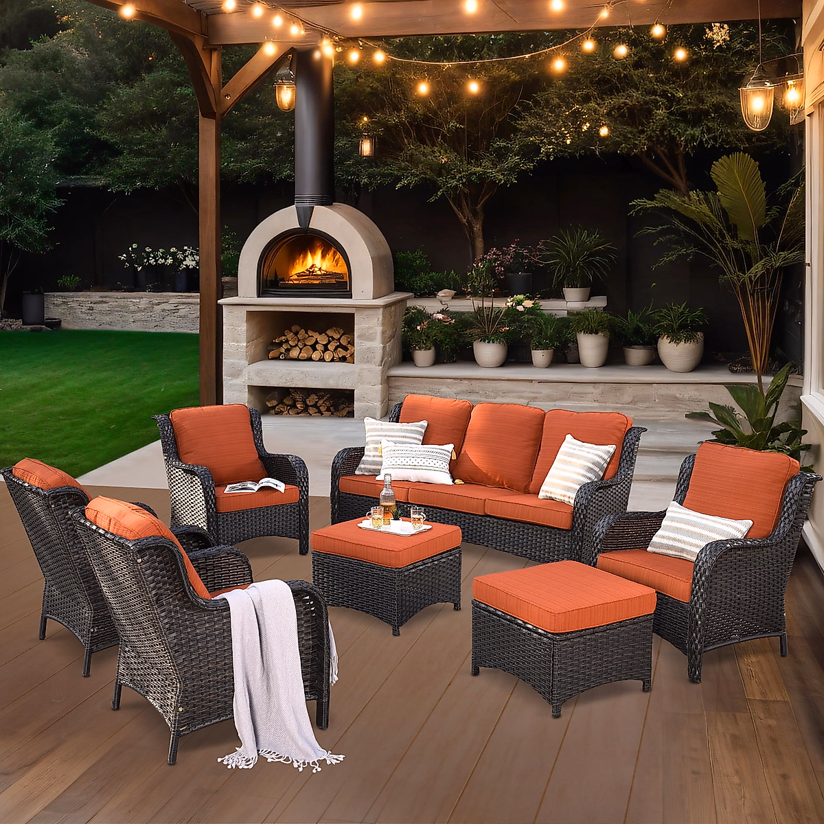 XIZZI Outdoor Furniture Patio Furniture Set 7 Pieces All Weather Wicker Patio Conversation with High Back Sofa Sectional and 2 Ottomans for Garden,Backyard and Deck,Brown Wicker Orange Red
