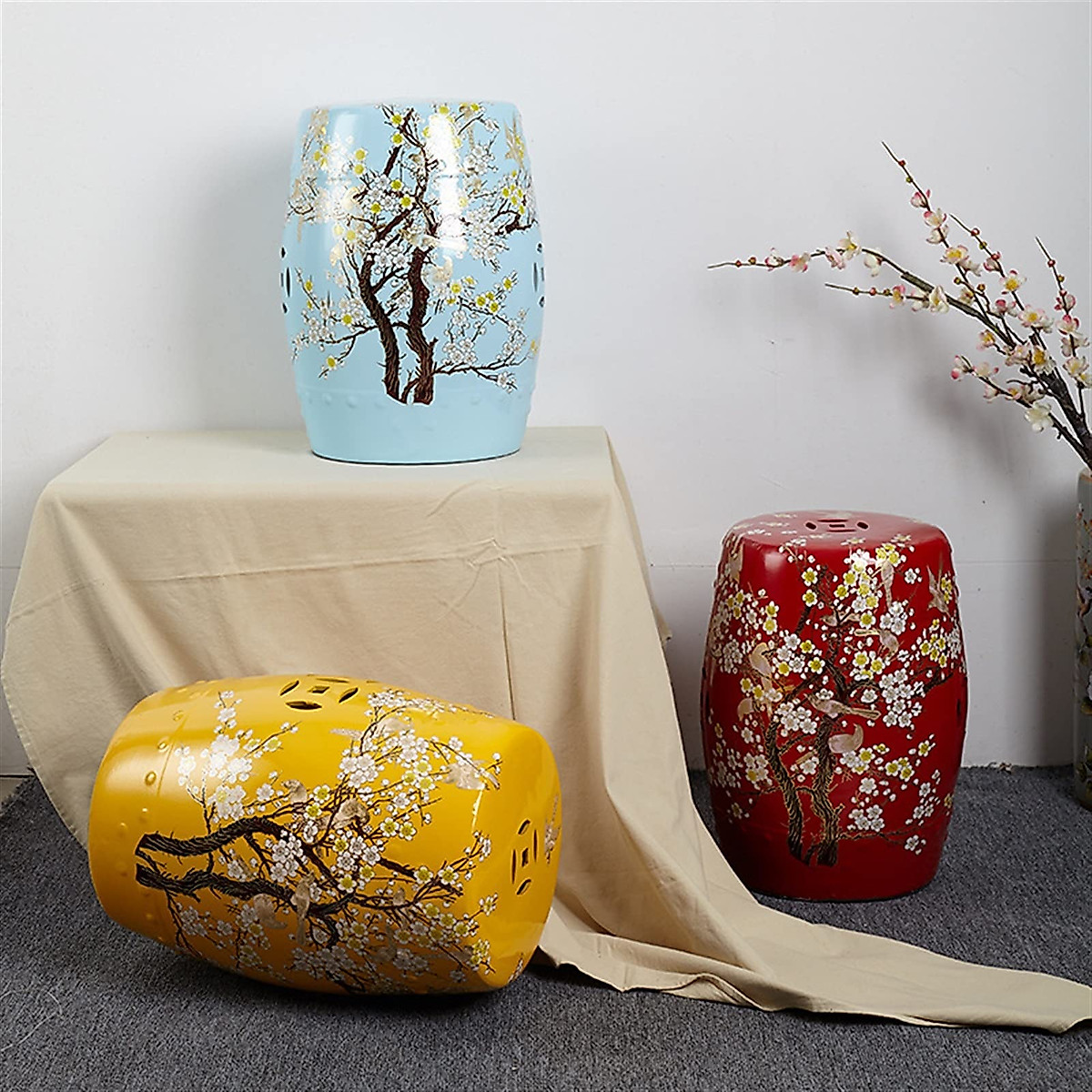 ANNESA Garden Decorative Stool, Ceramic Circular Glazed Pattern is Suitable for Garden, Courtyard, Lawn Drum Stool