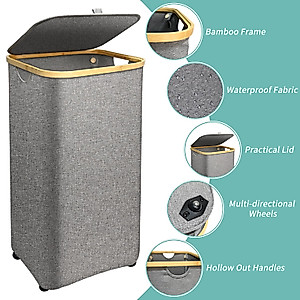 100L Rolling Laundry Basket with Wheels and Handle, Laundry Hamper with Lid and Removable Bag, Foldable Laundry Hamper on Wheels, Large Tall Laundry Basket for Bedroom, Bathroom, Laundry Room(Grey)