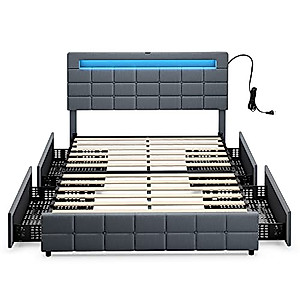 Giantex Queen Bed Frame with LED Lights and 4 Drawers, Upholstered Platform Bed Frame with USB Ports, Tufted Adjustable Headboard Design, Solid Wooden Slat Support, No Box Spring Needed