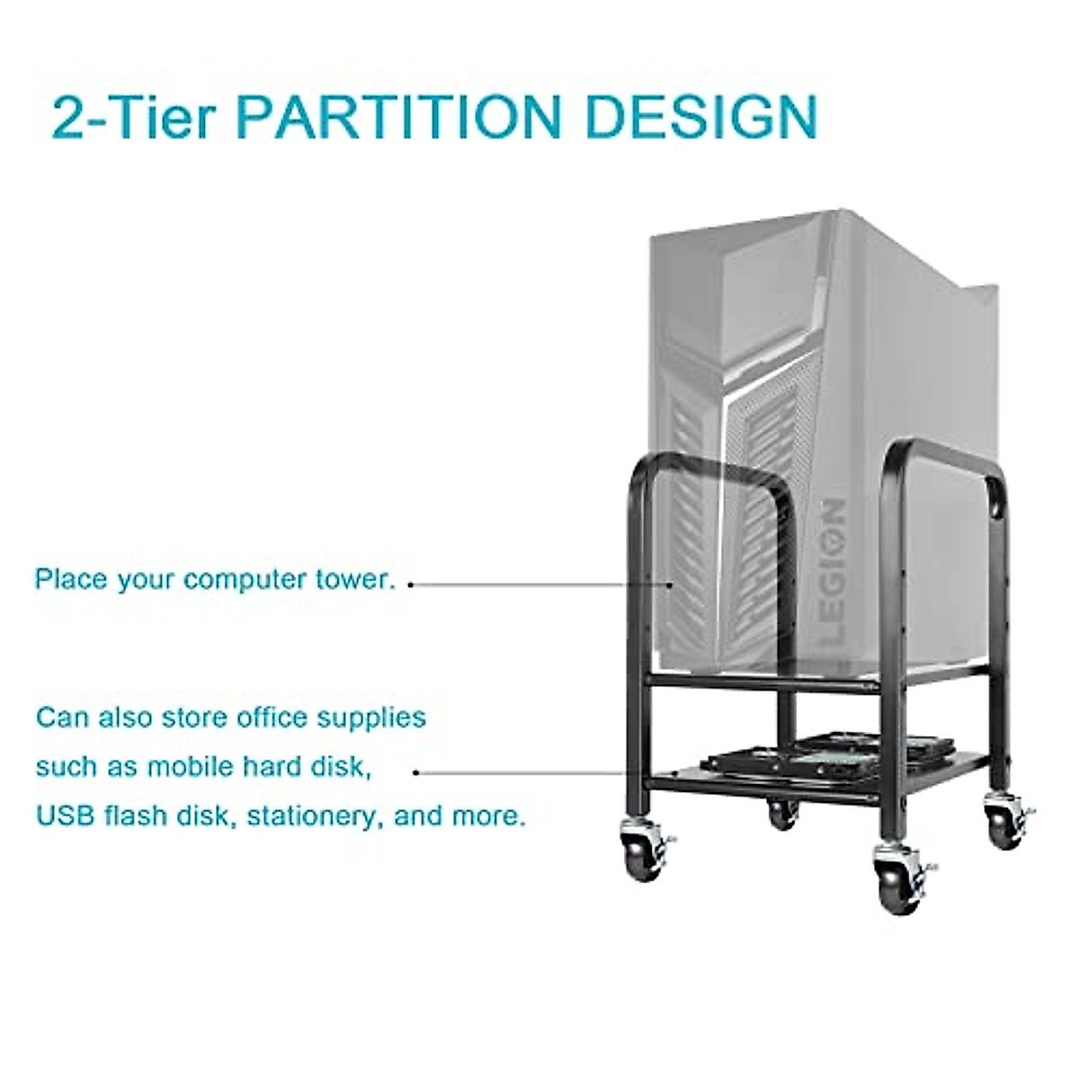 Computer Tower Stand, 360Tronics Adjustable Desktop ATX-Case CPU Holder, 2-Tier PC Rolling Stand Mobile Steel Desktop Case Stand Cart with 4 Locking Wheels for Office Home, Black