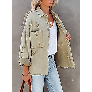 Necooer Women's Washed Denim Jacket Casual Long Boyfriend Distressed Vintage army green Jean Jacket Autumn Spring (Medium,C-ArmyGreen)