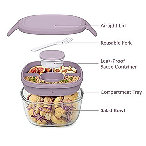 Bentgo® Glass All-in-One Salad Container - Large 61-oz Salad Bowl, 4-Compartment Bento-Style Tray for Toppings, 3-oz Sauce Container for Dressings, and Built-In Reusable Fork (Lavender)