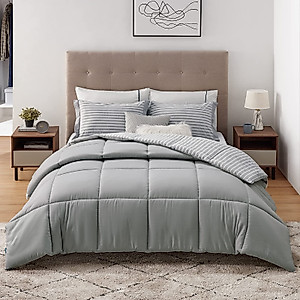 Bedsure Queen Size Comforter Set - Percale Stripes Down Alternative Grey Comforter Sets Box Stitching Gray Duvet Insert, All Season Bed Set with 2 Pillow Shams (Queen/Full, 88x88'', 3 Pieces)