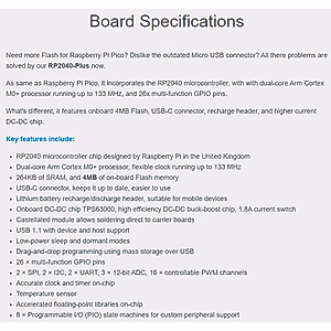 waveshare RP2040-Plus Board with Pre-Soldered Header, Pico-Like MCU Board Based on Raspberry Pi RP2040, Dual-Core Arm Cortex M0+ Processor Onboard 4MB Flash,USB-C Connector,Recharge Header,etc