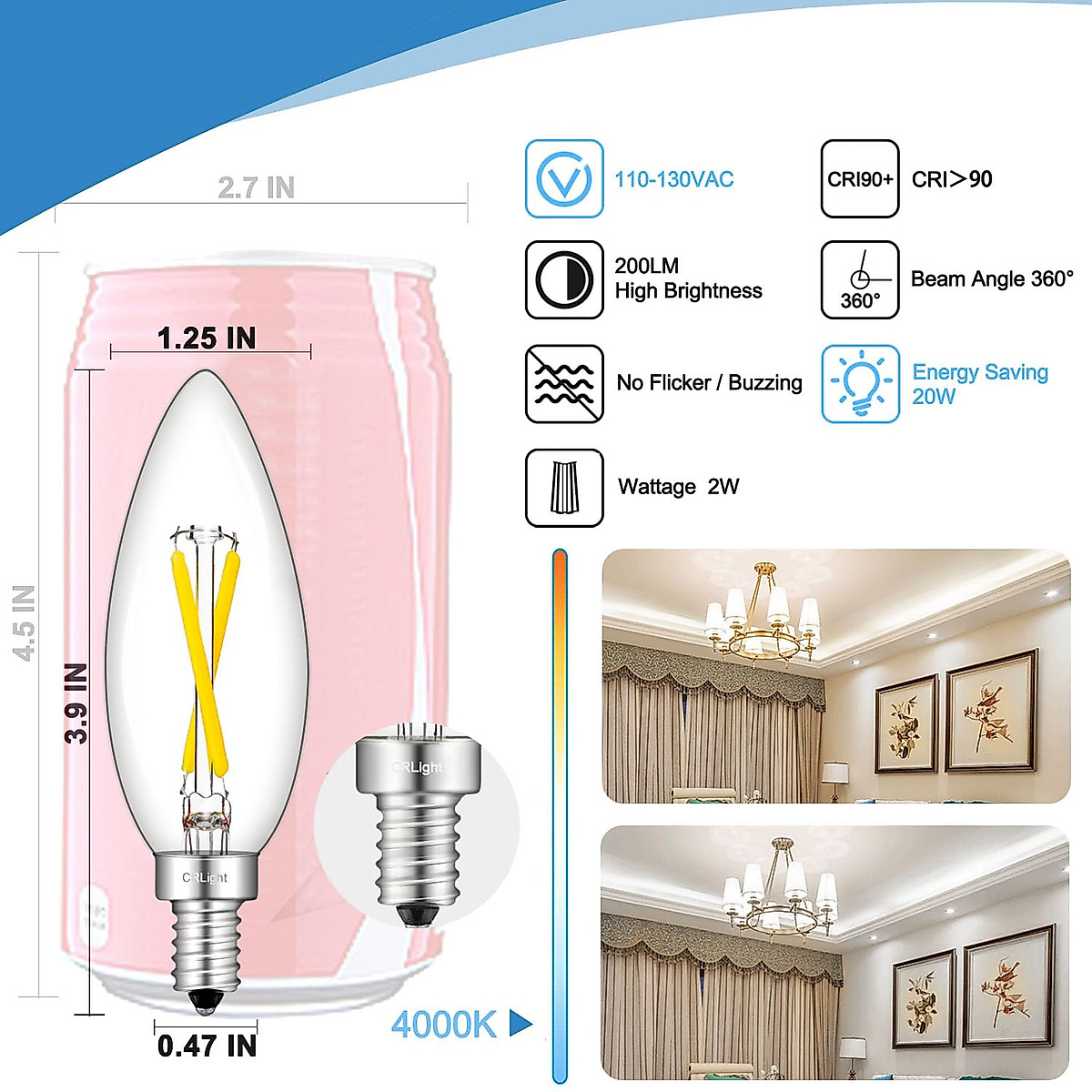 CRLight 2W 4000K LED Candelabra Bulb Daylight White 30W Equivalent 300LM, E12 Base Dimmable LED Chandelier Filament Light Bulbs, Antique Style B10 Clear Glass Candle Torpedo Tip, 12 Pack