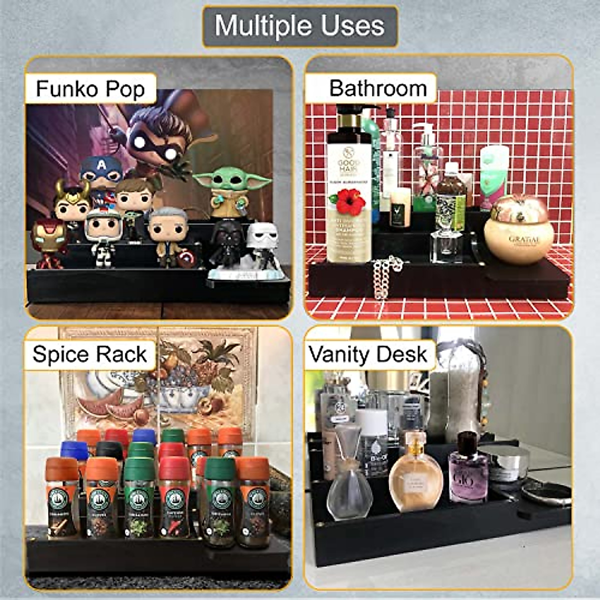 ALCEDIA Cologne Organizer for Men - 4 Tiered Solid Wood Cologne Stand Display Shelf with Hidden Compartment. Vanity Organizer, Perfume Organizer, Spices Organizer and Funko Pop Shelves. (Rustic Black)