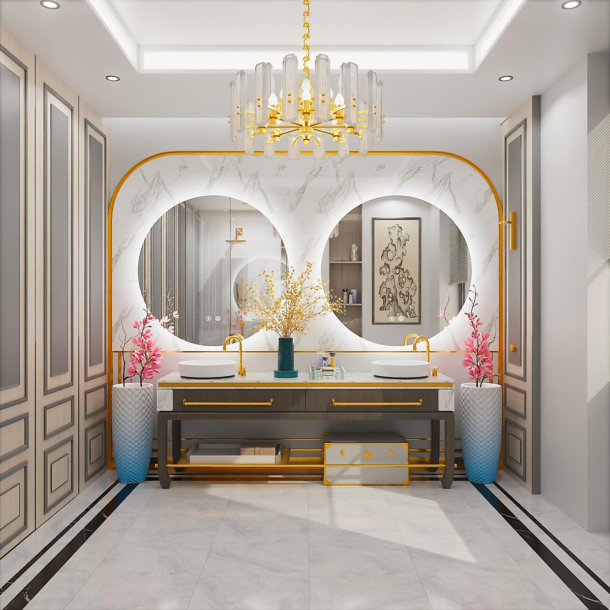 JSneijder 2-Piece LED Bathroom Mirror 32 Inch Backlit Round Mirror & 28x36 Inch Rectangular Mirror, Wall Mounted Dimmable Anti-Fog