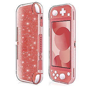 DLseego Carrying Case for Nintendo Switch lite, Newest Design Portable Travel Carrying Case 4 in 1 Accessories Kit with 1 Pcs Glitter case, 2 Pcs Screen Protectors and 4 PcsThumb Grips Caps -- Pink