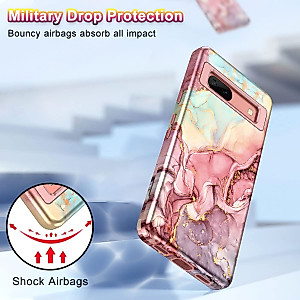 Btscase for Google Pixel 7A Case, [5 in 1] with 2 Pack Screen Protector + 2 Pack Camera Lens Protector, Marble Pattern Full Body Three Layer Rugged Shockproof Protective Cover (2023), Rose Gold