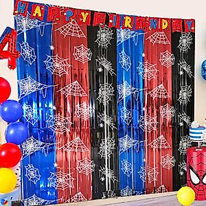 Spider Web Birthday Decorations Backdrop 2 Pack Spider Party Supplies Red Blue and Black Halloween Tinsel Foil Fringe Curtains Party Streamers Background for Boys Spider Theme Party Decorations