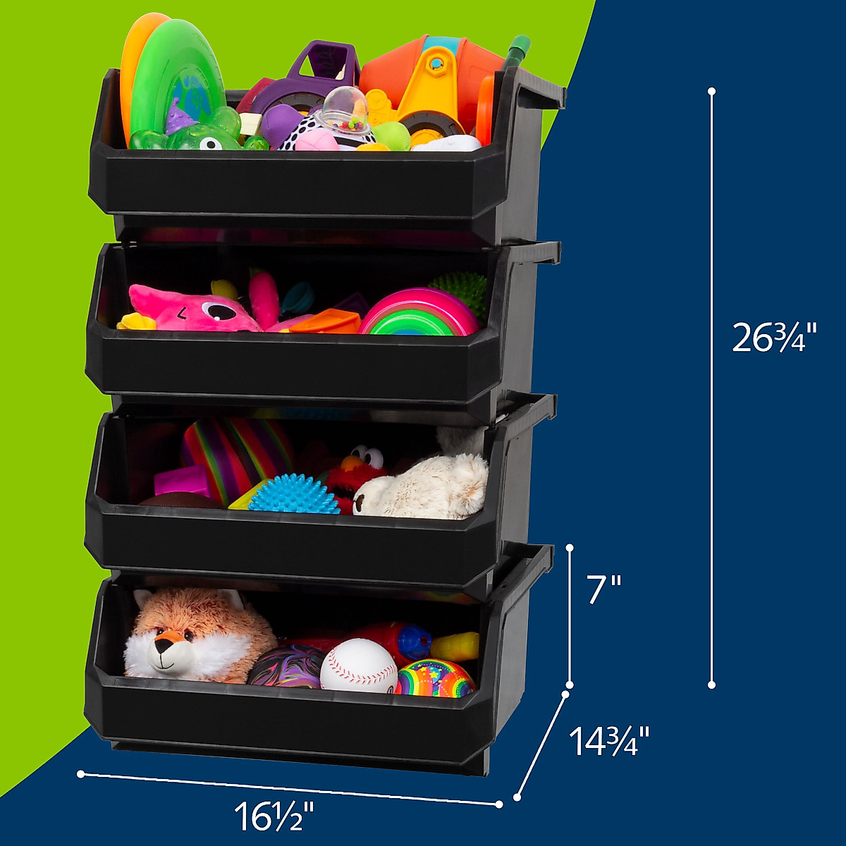 ReadySpace Plastic Containers for Organizing and Storage Bins for Closet, Kitchen, Office, Garage or Pantry Organization, Stackable Bins, Extra Large (14.8" x 16.5" x 7"), 4-Pack, Black