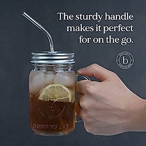 brimley 16oz Glass Mason Jar with Lid and Straw Set of 4 - Mason Jars with Handle for Cold Drinks - Glass Mason Jars with Metal Mason Jar Lids with Straw Hole and Stainless Steel Straws