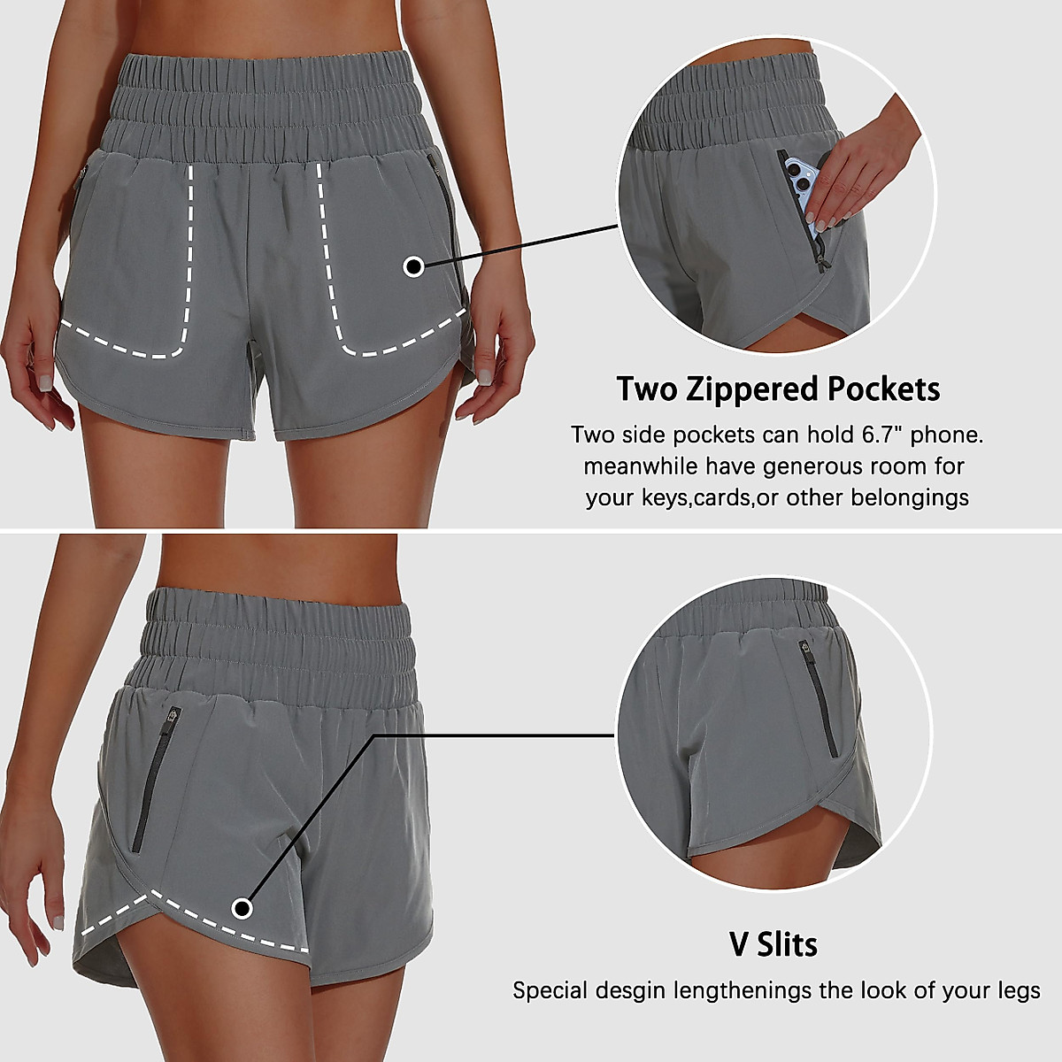 MIVEI Women's High Waisted Athletic Shorts 4" High Rise Running Workout Gym Quick Dry Tummy Control Short with Zipper Pockets