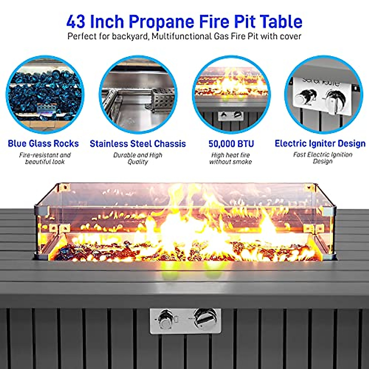 Outdoor Propane Fire Pit Table - CSA/ETL Certified 50,000 BTU Pulse Ignition Weatherproof Rectangle Propane Gas Fire Table w/Adjustable Flame - Glass Rocks Wind Guard, Black - SereneLife SLFPSX55