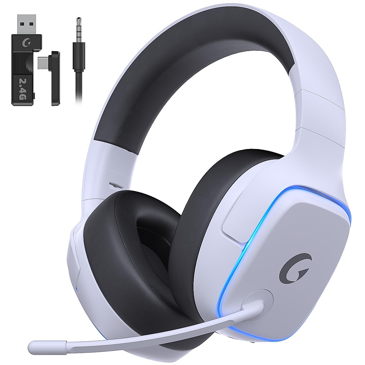 Gvyugke 2.4GHz Wireless Gaming Headsets for PS5, PS4, PC, Switch - Bluetooth 5.3 Gaming Headphones with Noise Canceling Mic, 7.1 Surround Sound, 70H Battery, Gaming Lighting - White