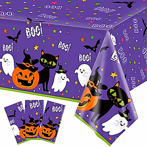 3 Pcs Halloween Tablecloth Large Disposable Plastic Table Covers for Halloween Parties, Bats and Pumpkins Plastic Table Cloth for Indoor Outdoor Halloween Decorations, 54x108 inch