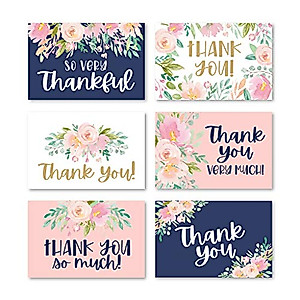 24 Navy Blush Floral Thank You Cards With Envelopes, Great Note For Adult Funeral Sympathy or Gift Gratitude Supplies For Grad, Birthday, Baby or Bridal Wedding Shower For Boy or Girl Kid Watercolor