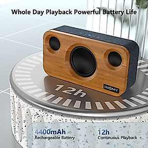 INSMY Bluetooth Speaker with Super Bass, 25W Loud Bamboo Wood Home Audio Wireless Speakers with Subwoofer Stereo Pair,Deep Bass Retro Bookshelf Speakers with Mic, AUX,TF Card (A320/M10) Upgraded