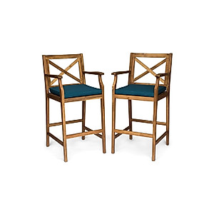Christopher Knight Home Logan Outdoor Acacia Wood Barstool, Teak Finish/Blue
