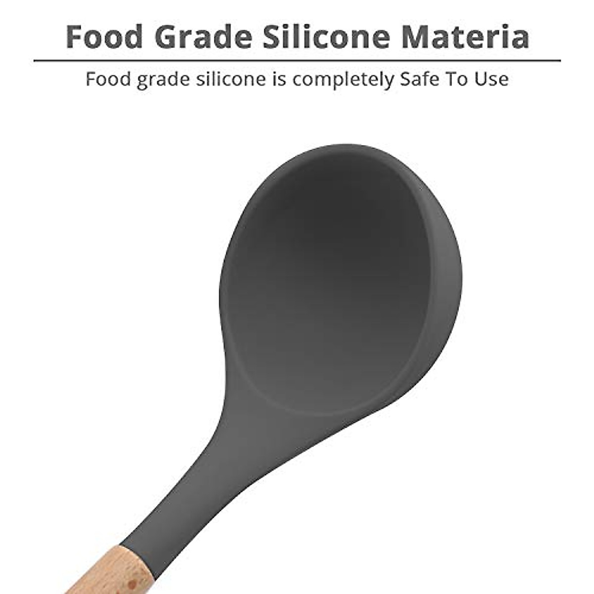 KUFUNG Silicone Ladle Spoon, Wooden Handle Seamless & Nonstick Kitchen Soup Ladle, BPA-free & Heat resistant up to 480°F, Silicone Kitchen Cooking Utensils Baking Tool (Grey)
