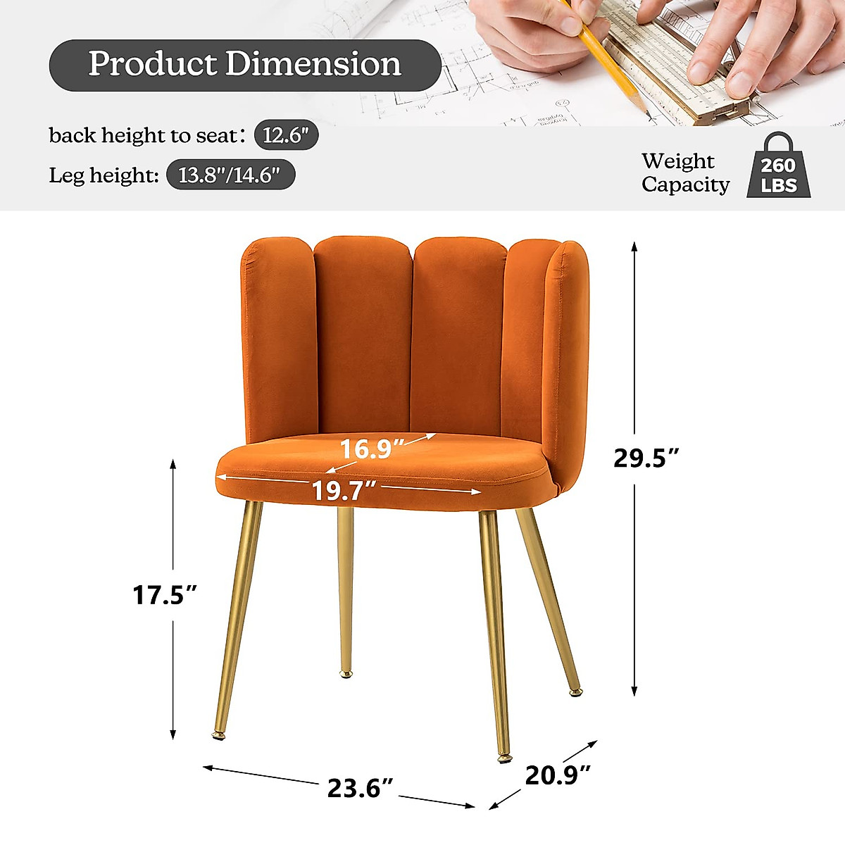 HULALA HOME Velvet Accent Chairs Modern Vanity Chairs for Makeup Room, Comfy Upholstered Dining Chairs for Living Room with Shell Back and Golden Metal Legs/Orange